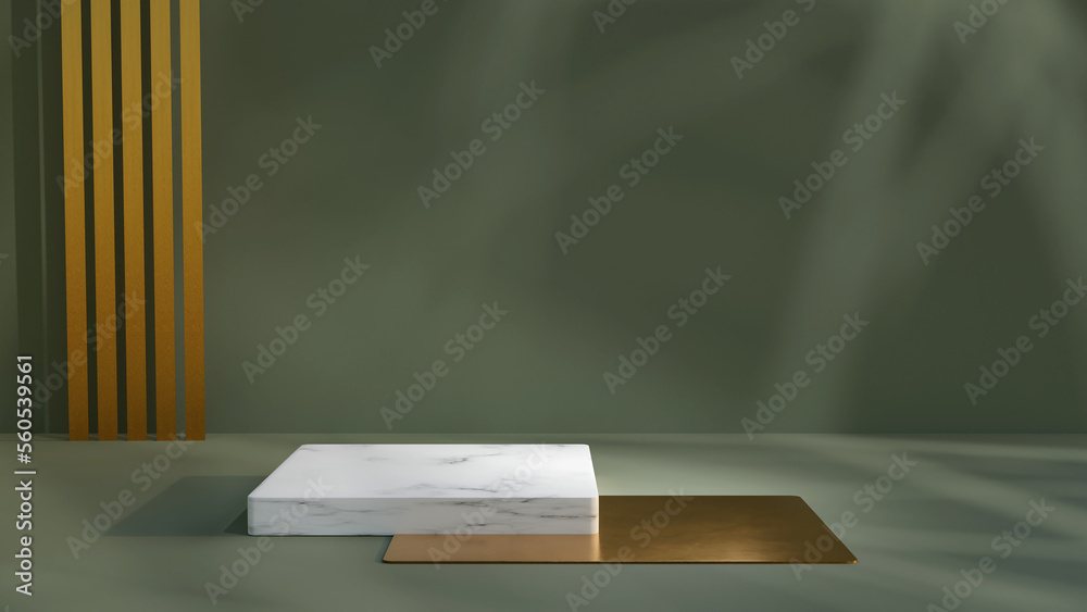3d render white marble cube podium on green background. Olive wall and ...