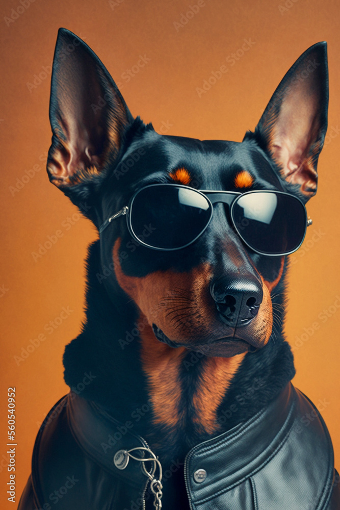 Ein cooler Hund mit Lederjacke und Sonnenbrille zeigt Attitude und ...