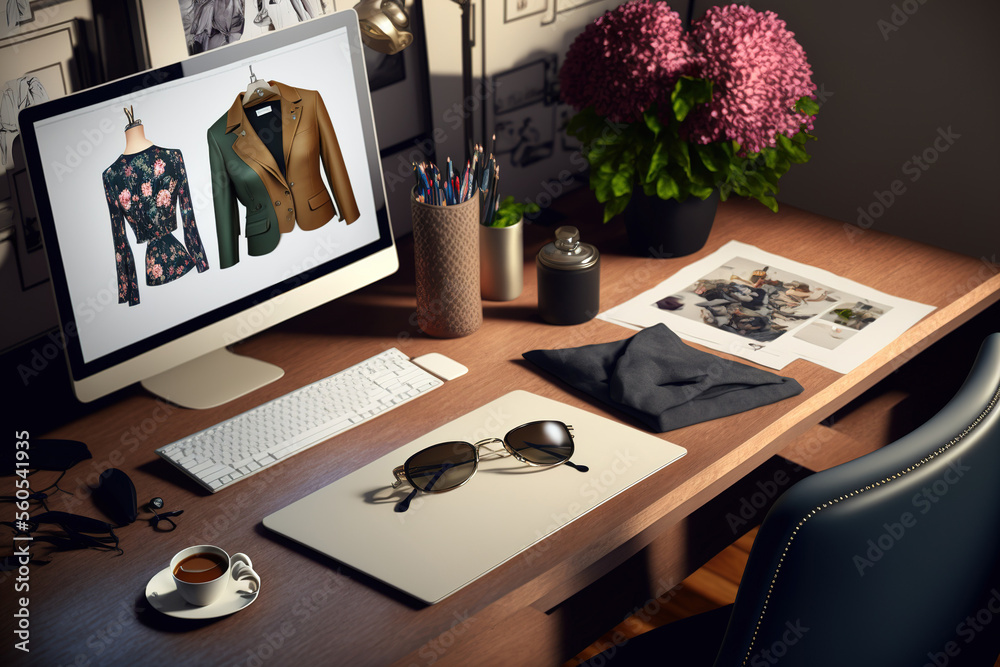 Interior design of a home office desk with computer ready for a fashion ...
