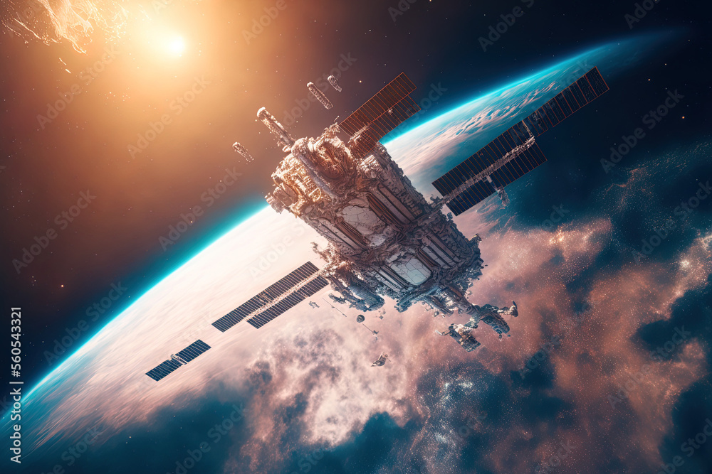 International space station in Earth's orbit as seen from above. Nebula ...