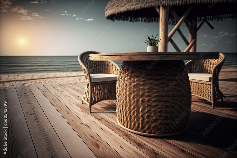 Rattan table for outdoor area on the beach club platform Stock ...