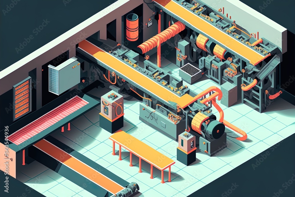 A factory with a conveyor belt and an automated assembly machine ...