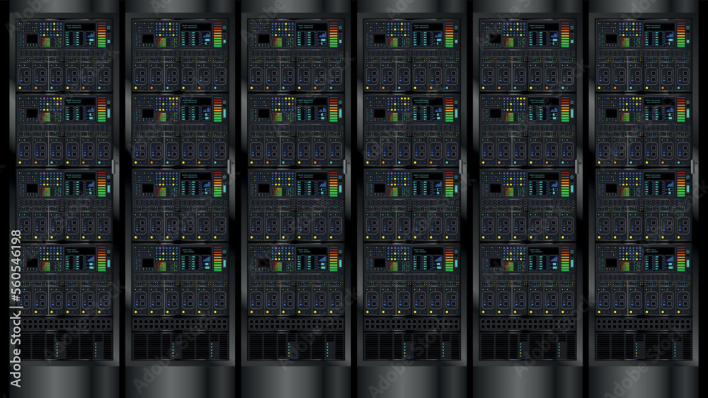 Front view of a working web server, server modules in black color ...