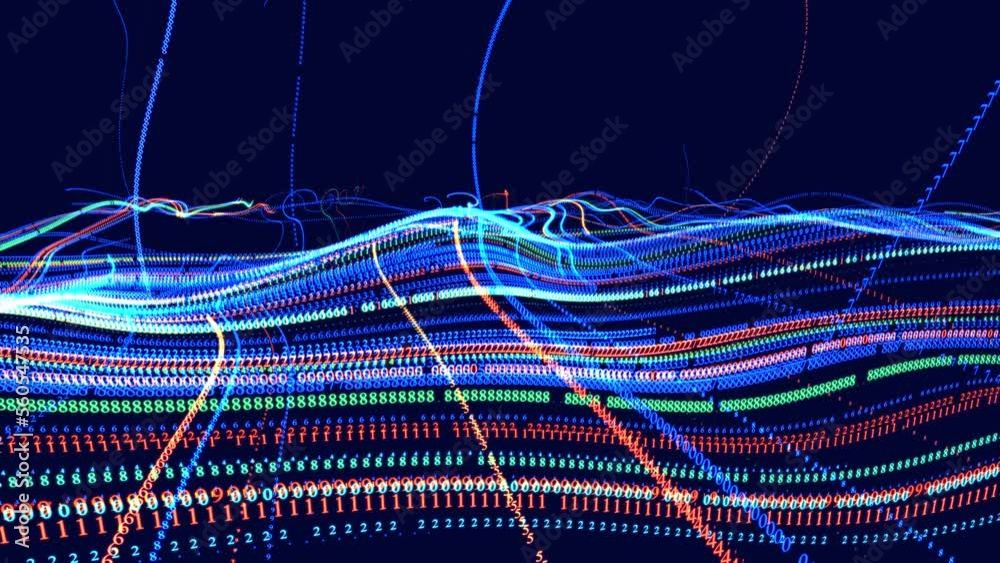 digital waves on surface. Vj loop hologram abstract bg. Symbols form lines, grid. Information ...
