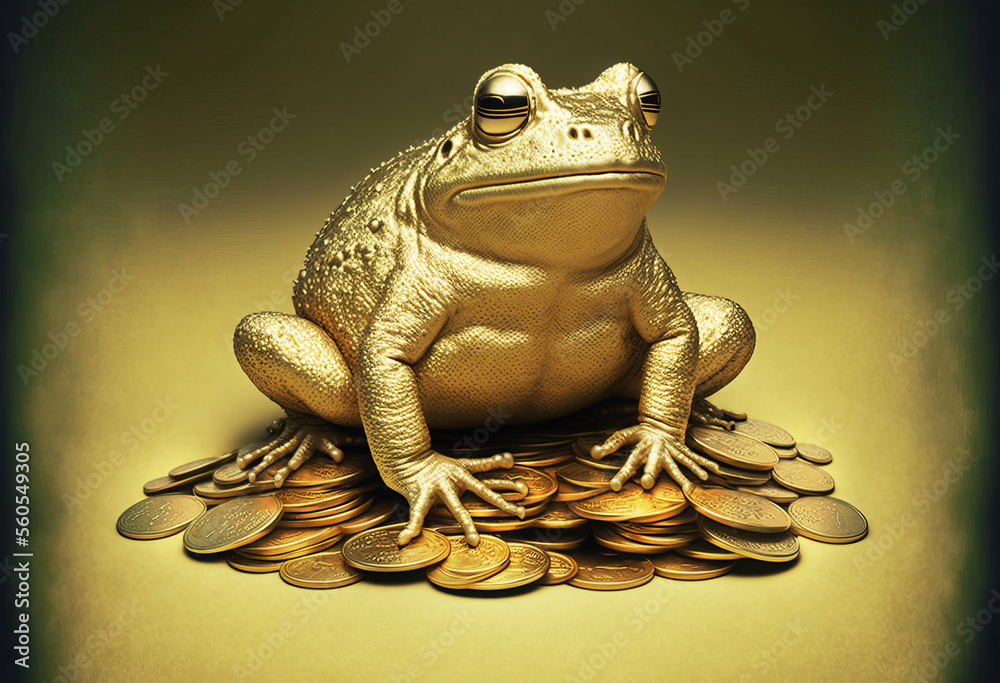 Generative AI Illustration of a golden toad sitting on golden coins ...
