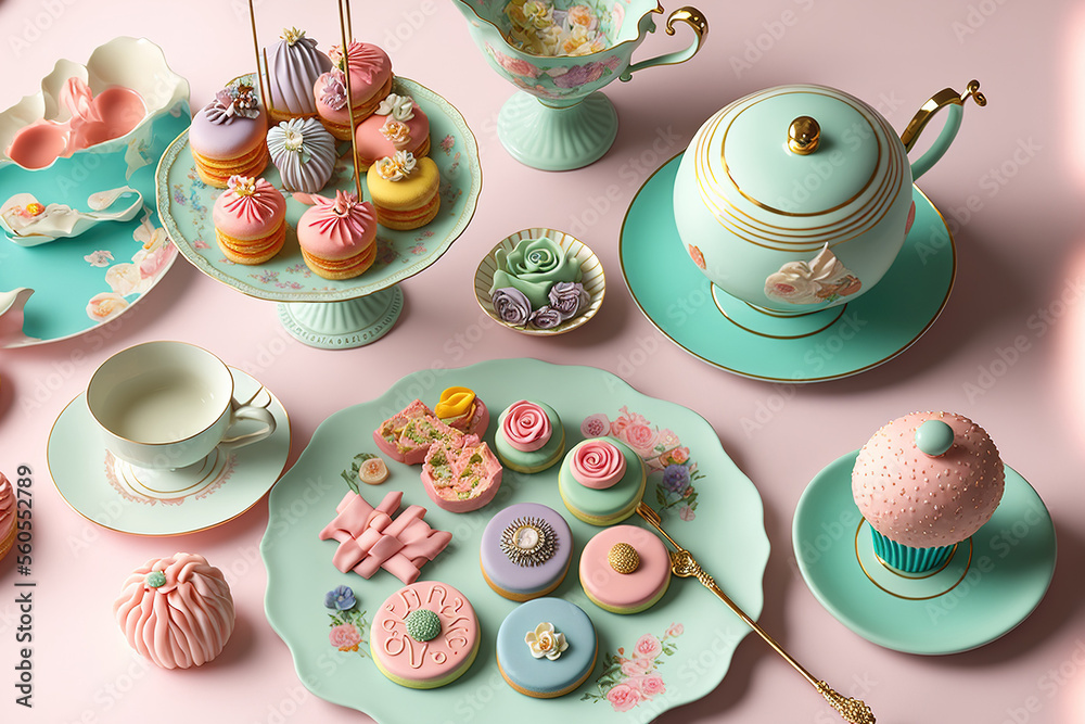 Pastel high tea set up with a variety of sweet and savory pastries with ...
