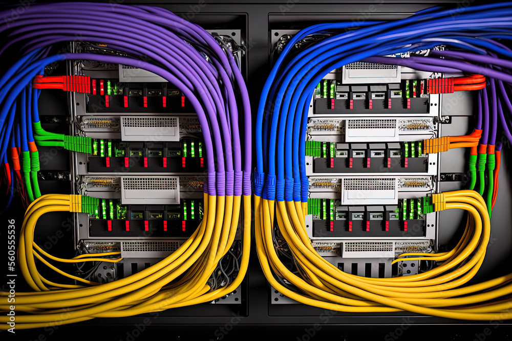 Data center network panel, switch, and cable. Generative AI Stock ...