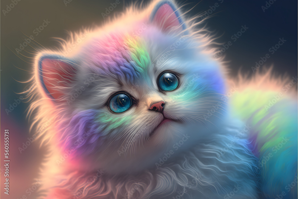 cute fluffy rainbow baby cat kitten, smiling, kids pastel color ...