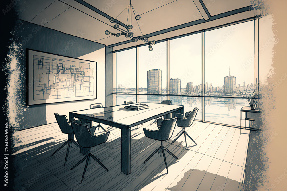 Drawing by hand of a contemporary conference room interior with windows ...