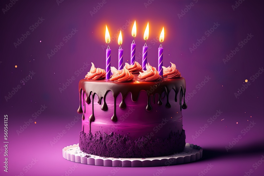On a backdrop of violet, a purple birthday cake with candles that are ...