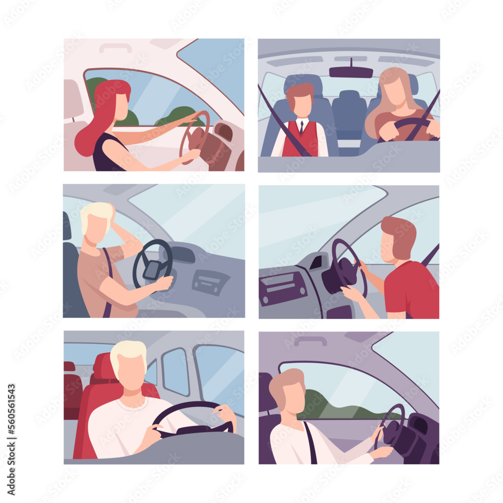 People inside car set. Male and female drivers and passengers ...