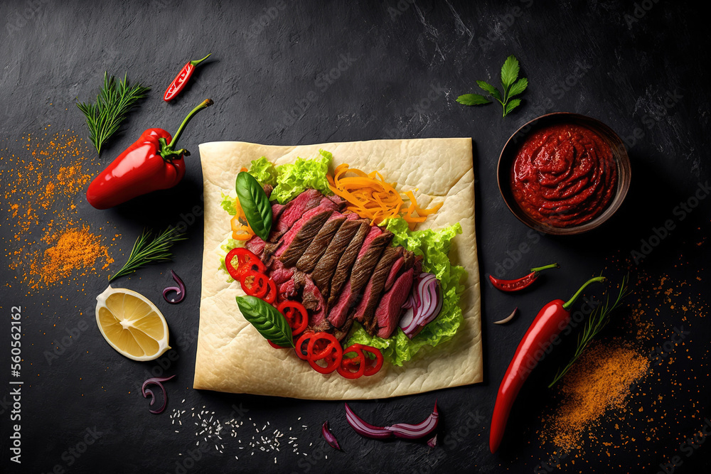 Turkish name for a meat wrap is Et Durum. On a dark slate background ...