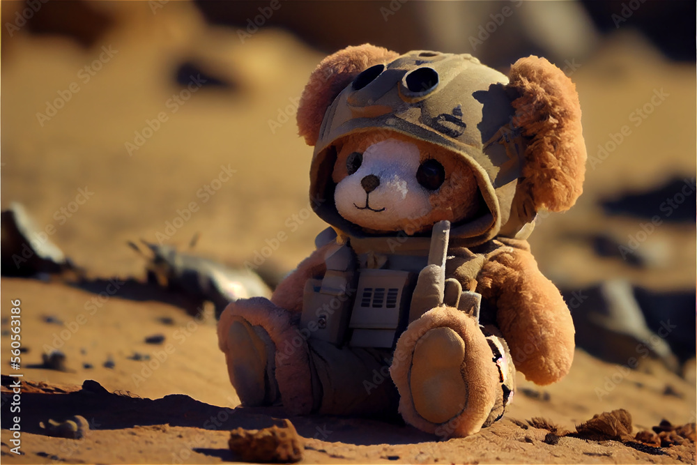 Teddy bear in combat gear in a battle field, symbolizing the horrors of ...
