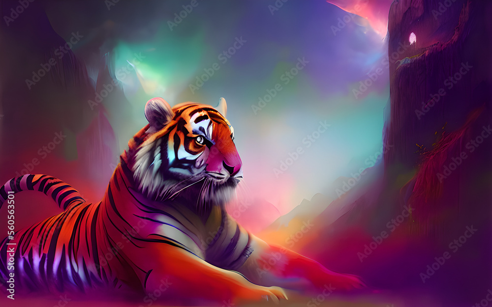 spirit of a spectral ghost tiger in the night / in space in front of a ...