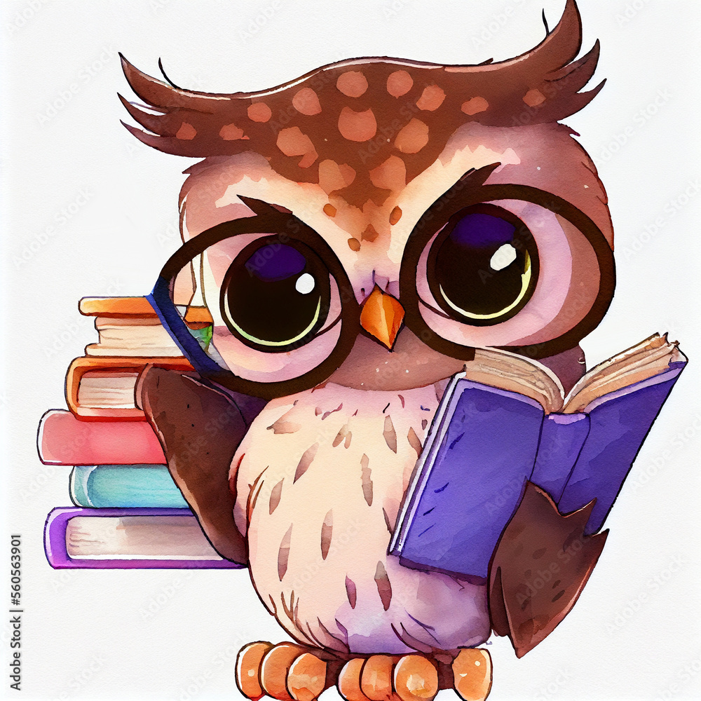 Back to school owl. Cute kawaii owl reading book. Kindergarten ...