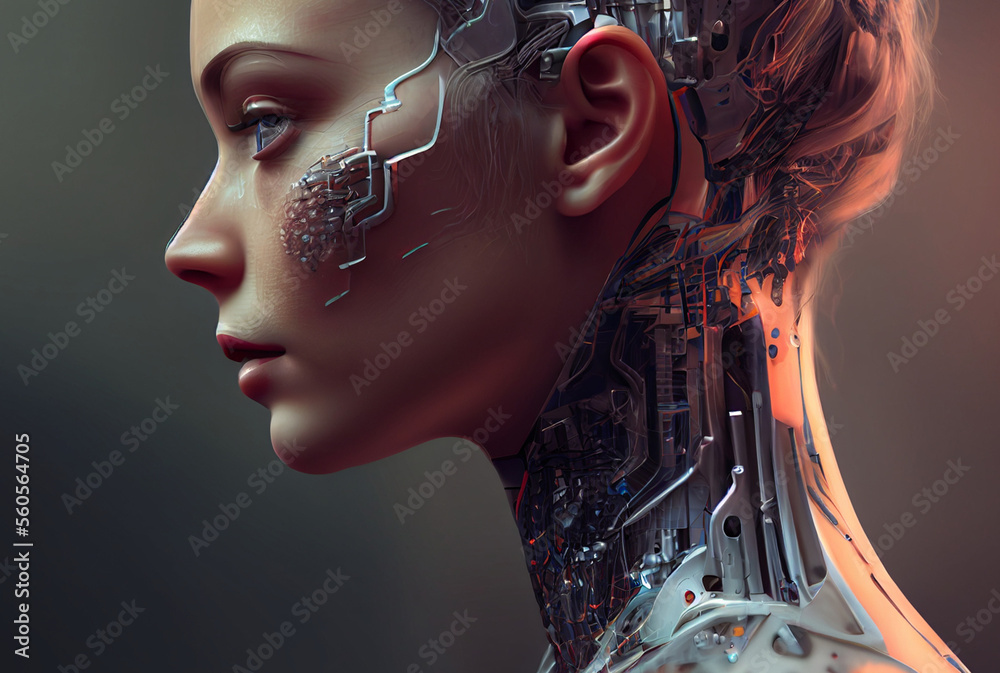 a woman half-robot or a humanoid android with artificial intelligence ...