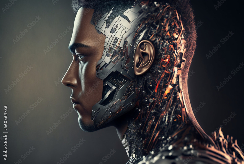a young attractive man as half-robot or a humanoid android with ...