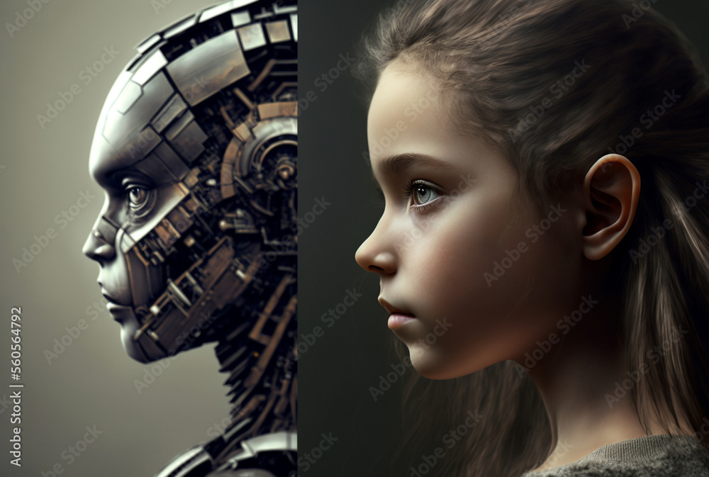 a child girl half-robot or a humanoid android with artificial ...