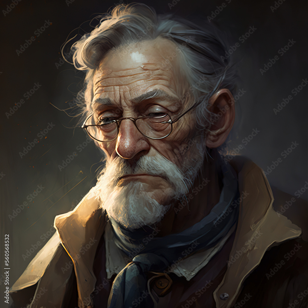Old scholar portrait with glasses and a trench coat, character design ...
