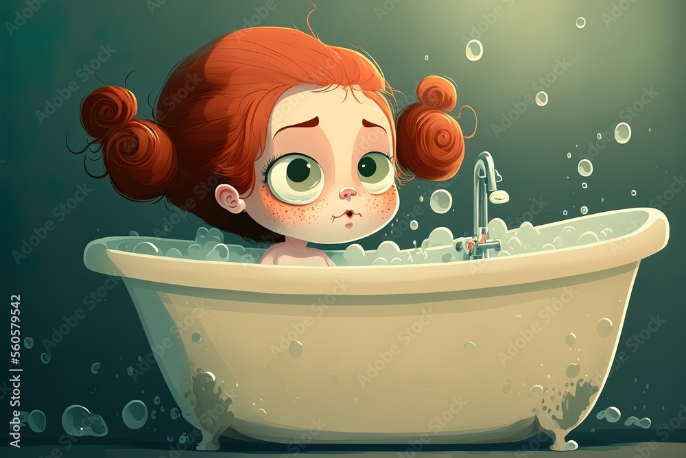 Lovely girl taking a bath in the cartoon bathtub. Generative AI Stock ...