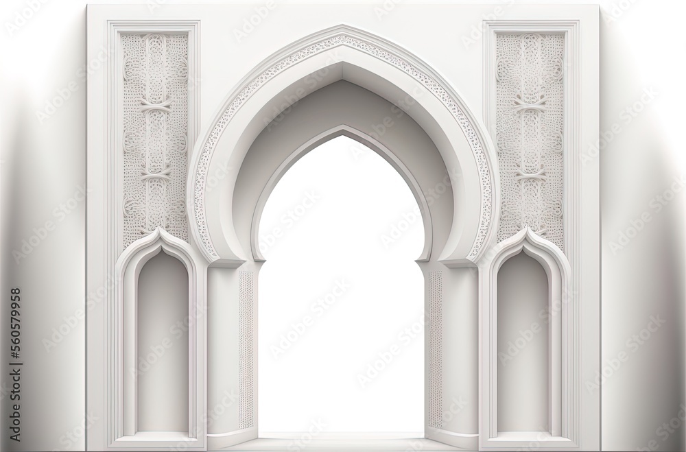 Traditional arabic doorway frames in white wall with clear backdrop ...