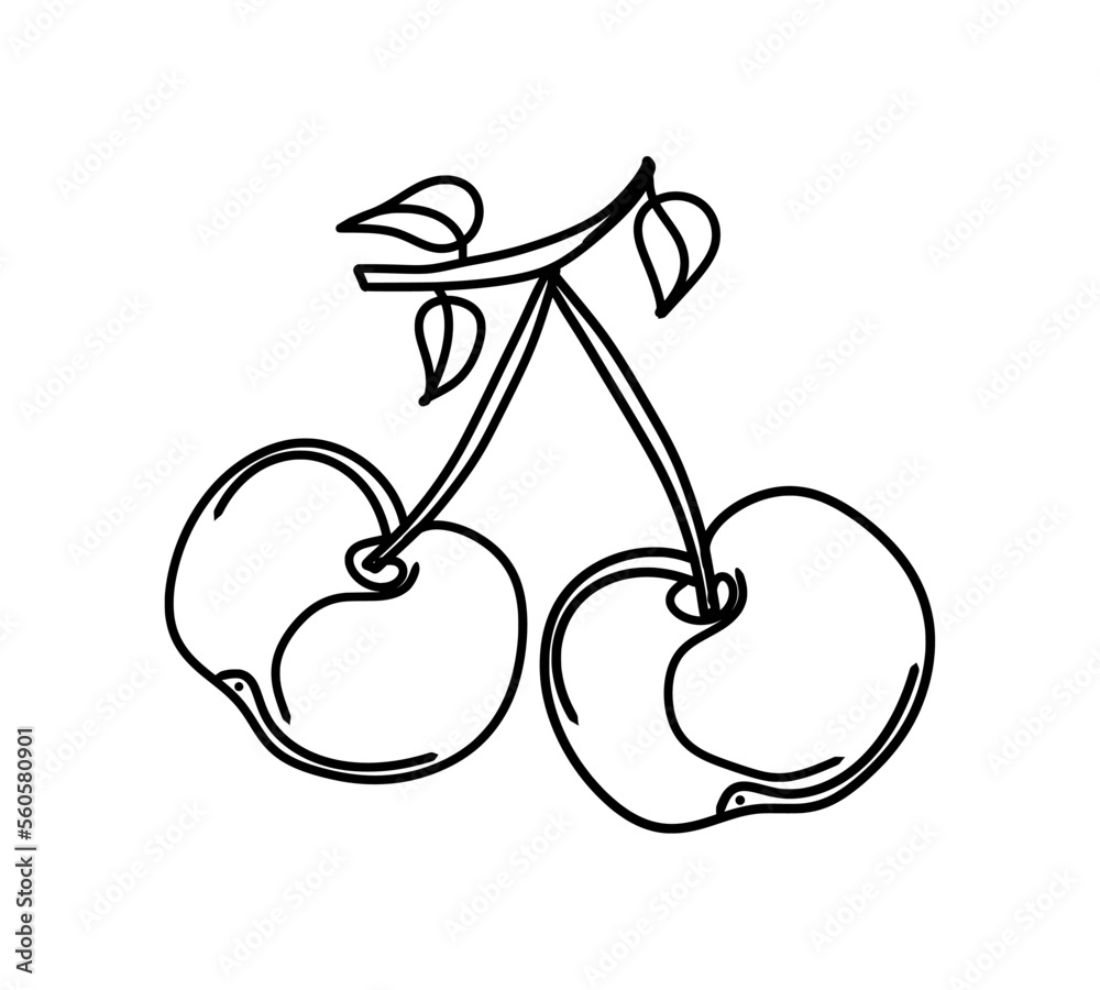 Cherry, two berries, on a branch with leaves, freehand drawing, with a ...