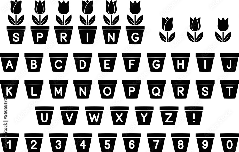Potted Tulip Flower Alphabet & Number Clipart - Silhouette Stamps Stock ...