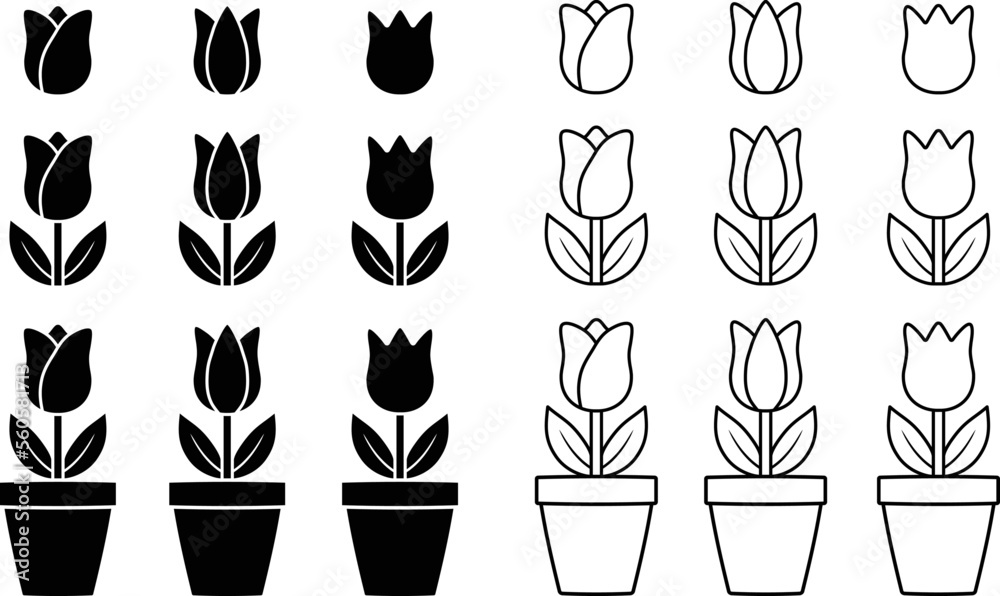 Cartoon Tulip Clipart - Outline and Silhouette Stock Vector | Adobe Stock