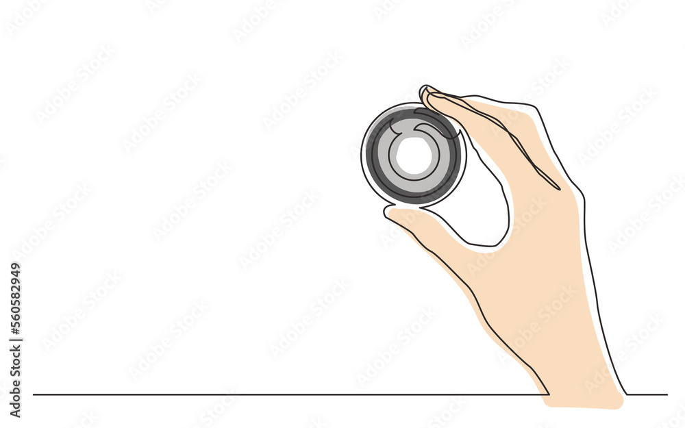 continuous line drawing hand holding photographic camera lens in color ...