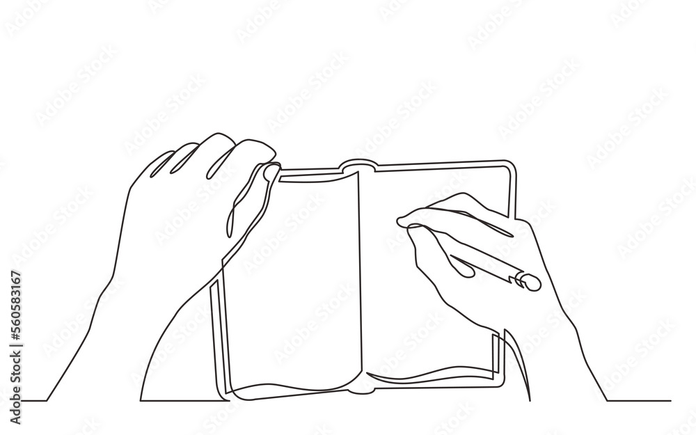 continuous line drawing hands writing notes in workbook - PNG image ...