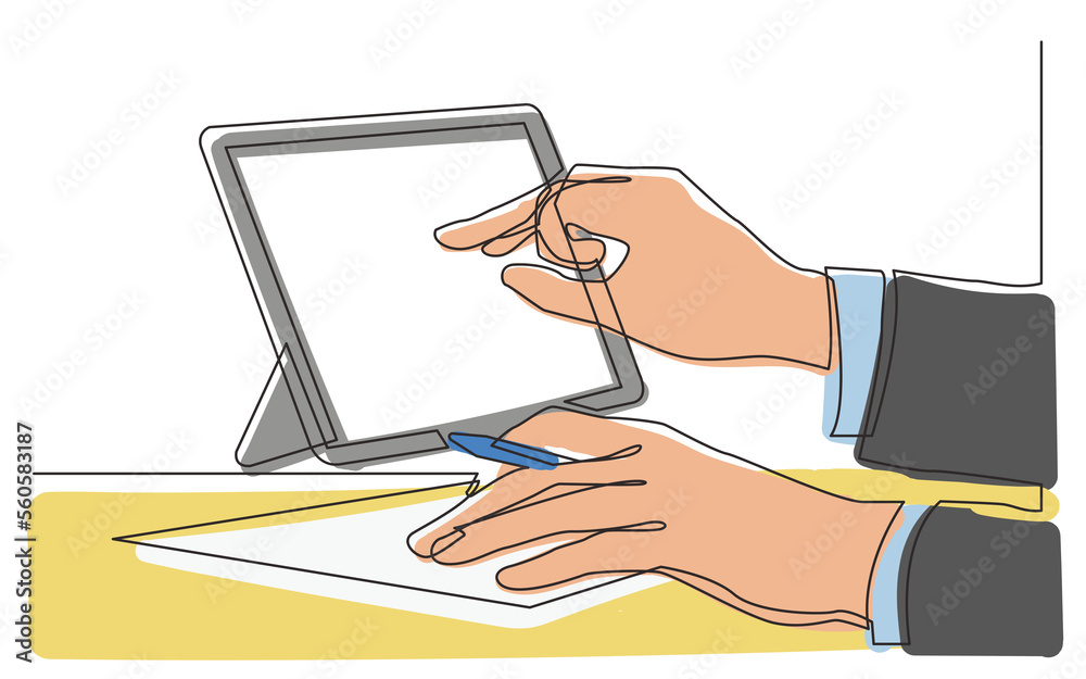 continuous line drawing hands writing pointing at tablet screen in ...