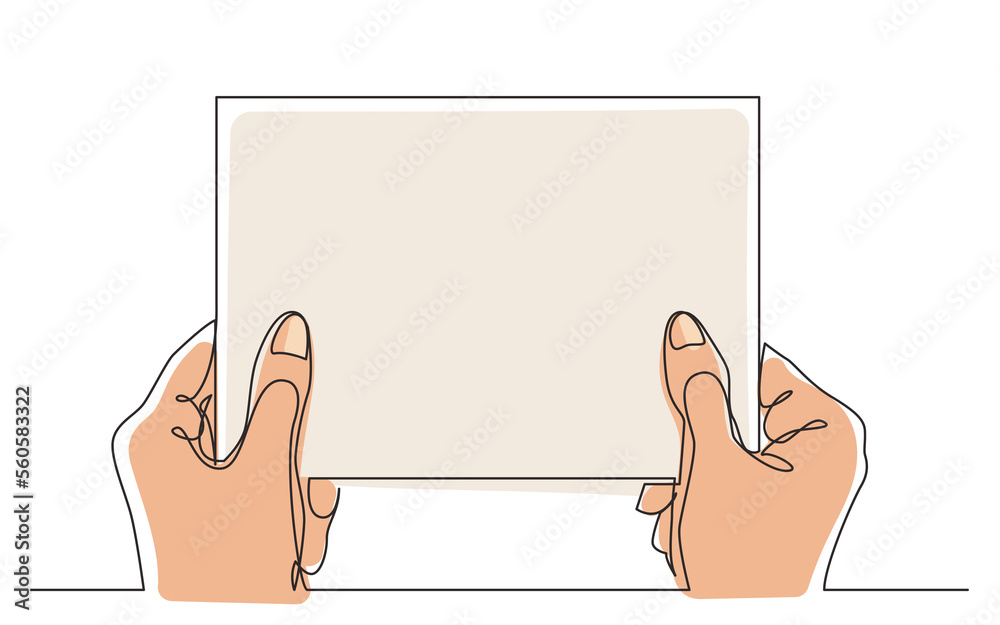 continuous line drawing two hands holding blank piece of paper in color ...