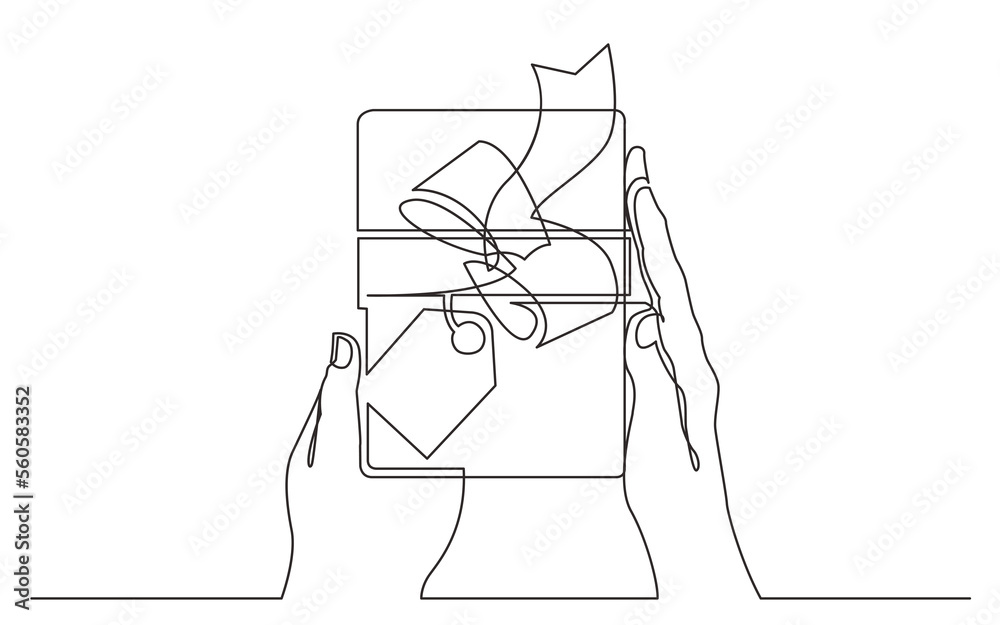 continuous line drawing two hands holding gift box with ribbon label ...