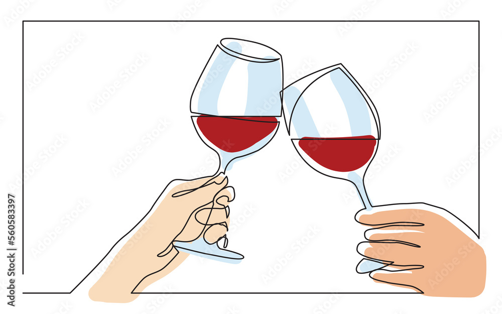 continuous line drawing two hands toasting with glasses of wine in ...