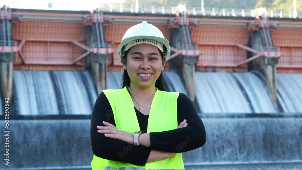 Smiling female engineer in green vest and helmet standing outside ...