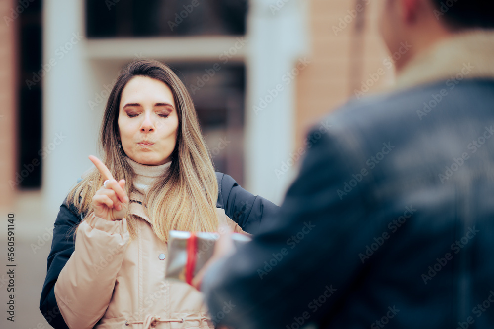 Annoyed Woman Refusing an Unwanted Gift from her Admirer. Entitled ...