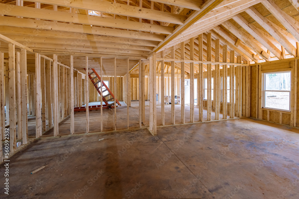 Interior framing of new house that is under construction framework ...