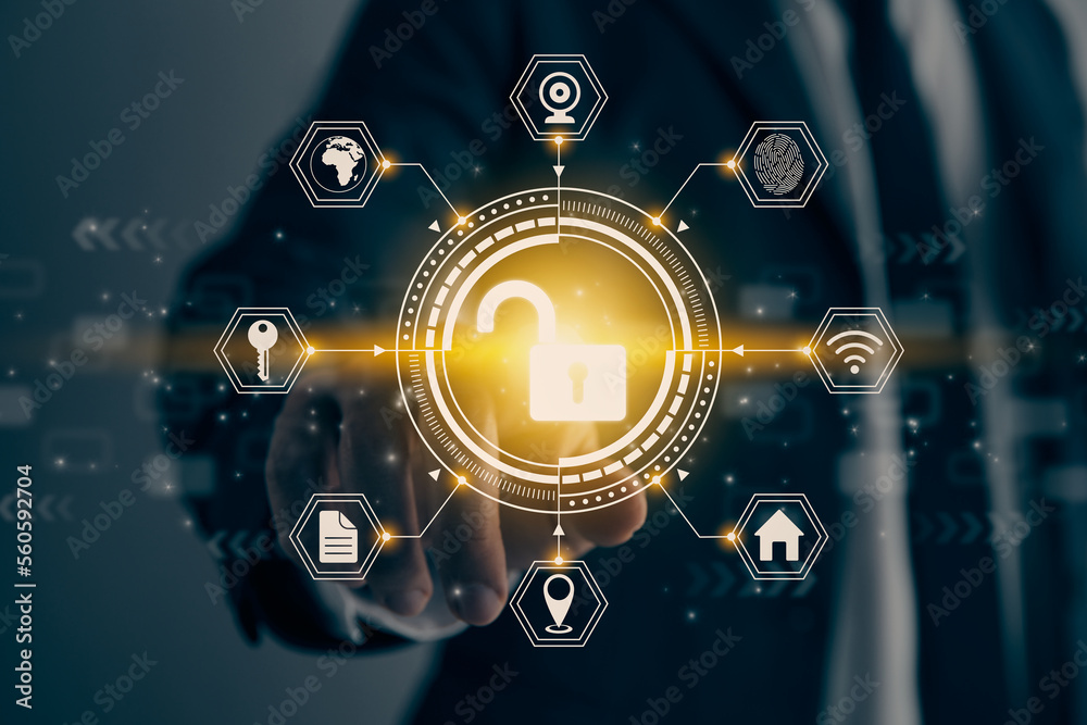 Businessman Hand and Finger Touching Screen and Hexagon HUD Unlock ...