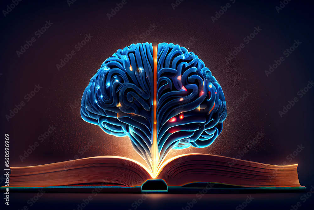 Glowing and shining brain lightbulb over an open book with a bookshelf as background Stock ...