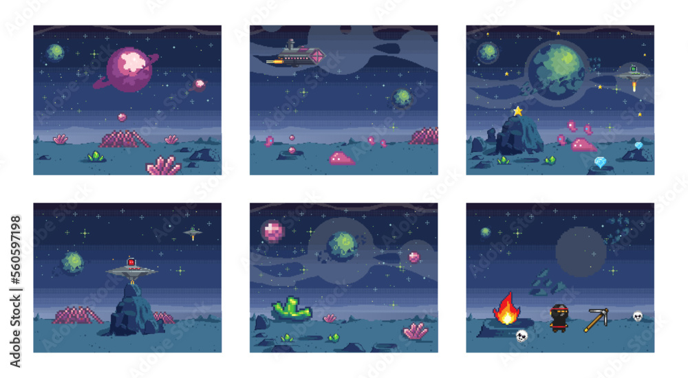 Vetor de Pixel art cosmic area, game location. Scene with fantastic ...