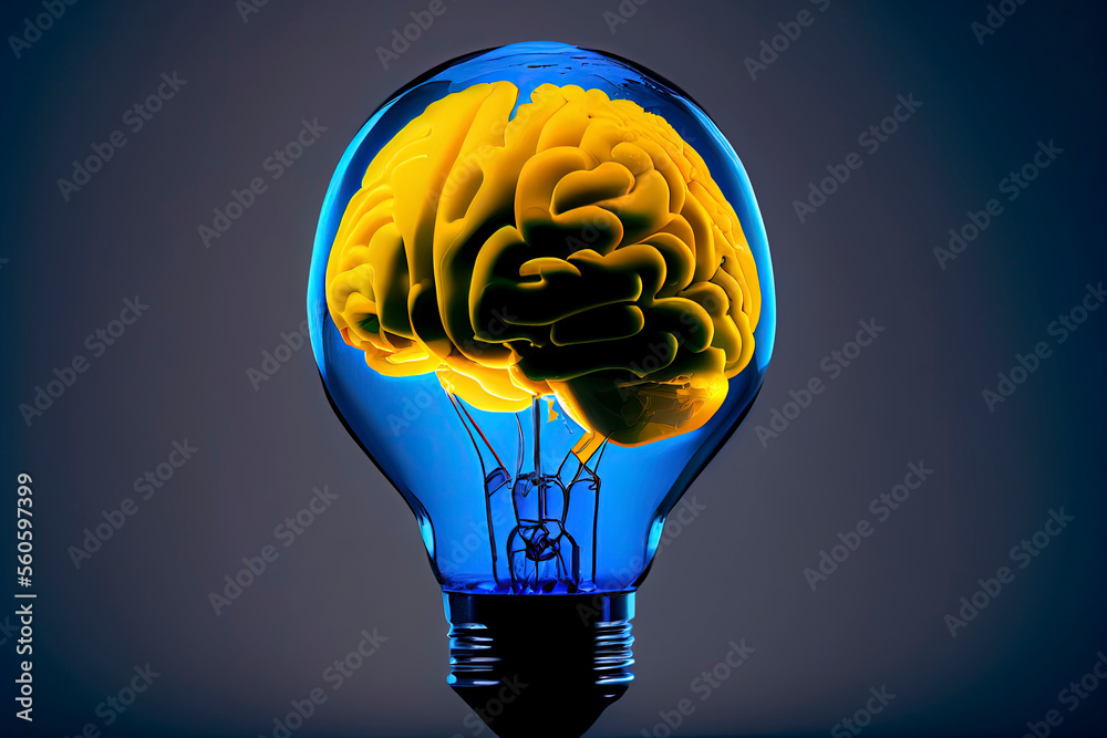 yellow brain on blue clear background yellow brain on blue clear ...