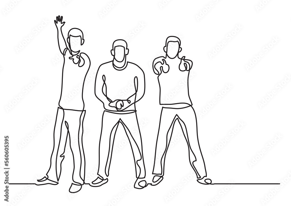 continuous line drawing three cheering guys - PNG image with ...