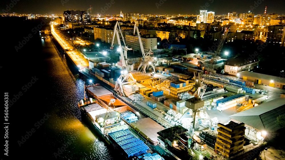 Astrakhan, Russia - September 23, 2022: Port cranes unload dry cargo ...