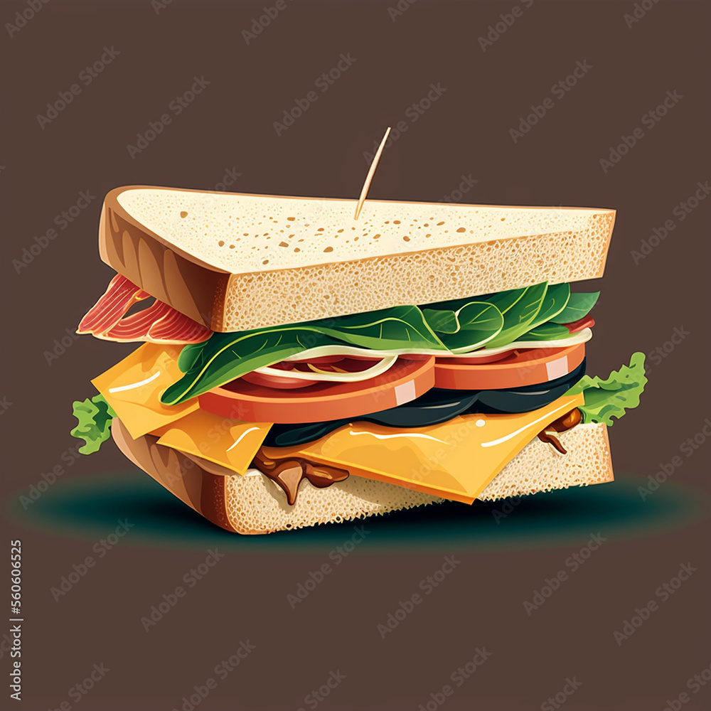 Sandwich Bread Sub Lettuce Tomato Meat Produce Lunch Club Snack Vector ...