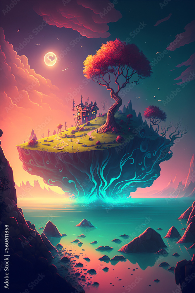 Floating island fantasy, book cover Stock Illustration | Adobe Stock