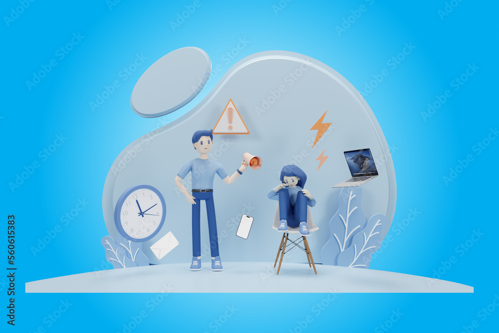 Exhausted, frustrated worker, burnout. Boss shout at employee, deadline ...