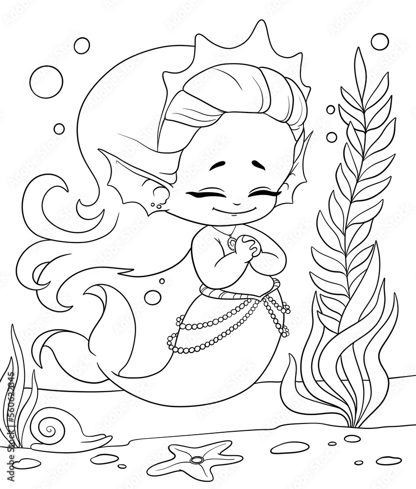 Coloring pages with mermaid. Line art design for adults or children ...