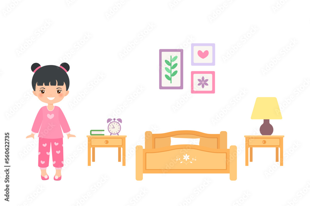 Cute Chinese chibi girl dressed in pajamas in bedroom. Doll house ...