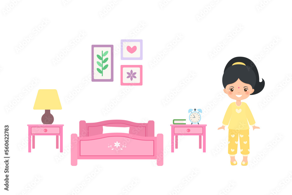 Cute Indian chibi girl dressed in pajamas in bedroom. Doll house ...