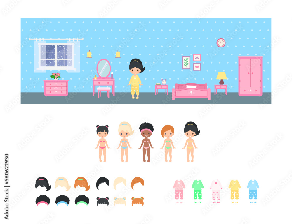 Cute Indian chibi girl dressed in pajamas in bedroom. Dress up paper ...